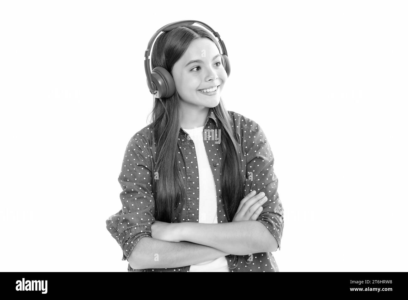 Teen girl in headphones listen to music. Wireless headset device ...