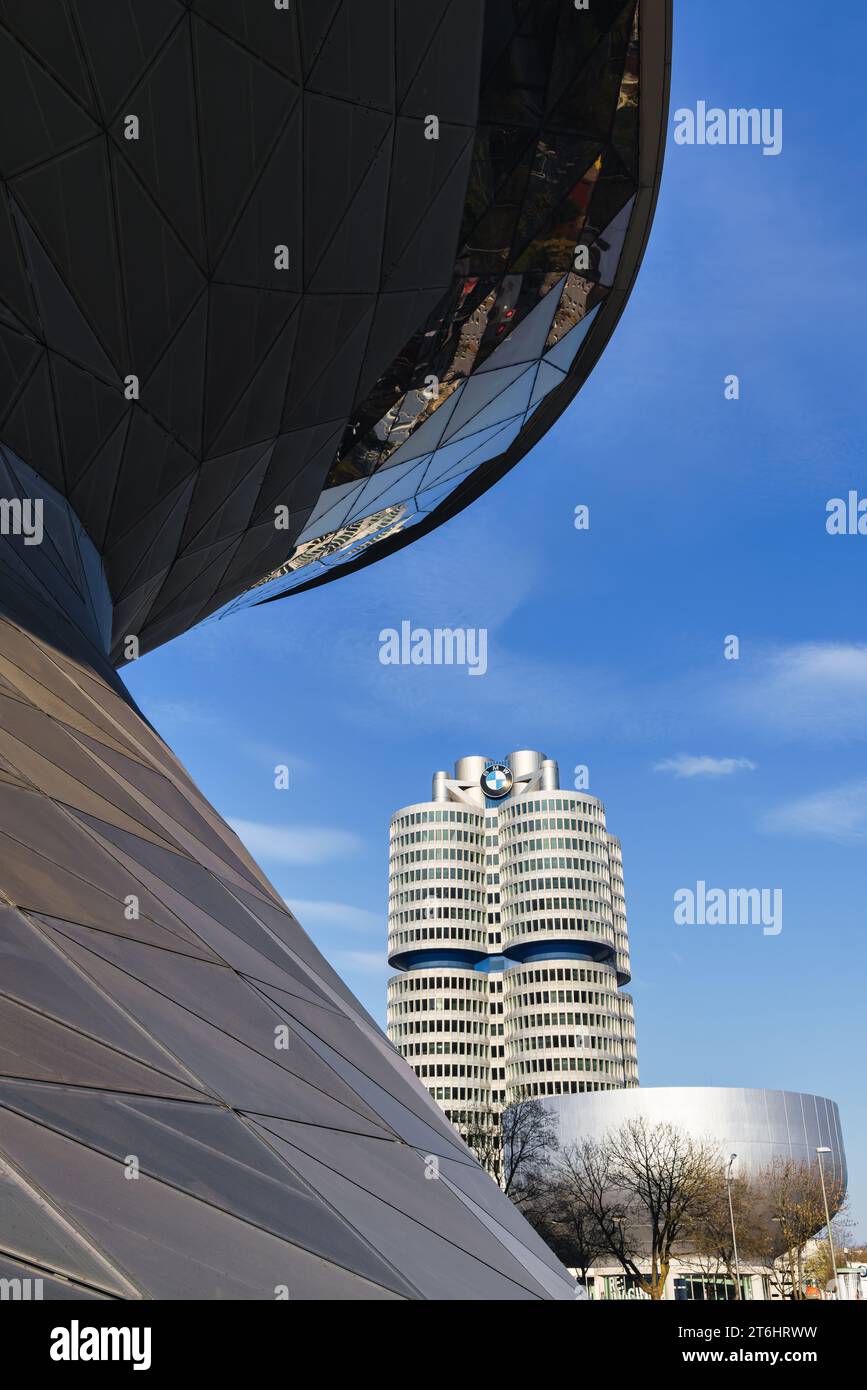 Munich, Germany - April 05, 2023: view from BMW Welt to the BMW Museum ...