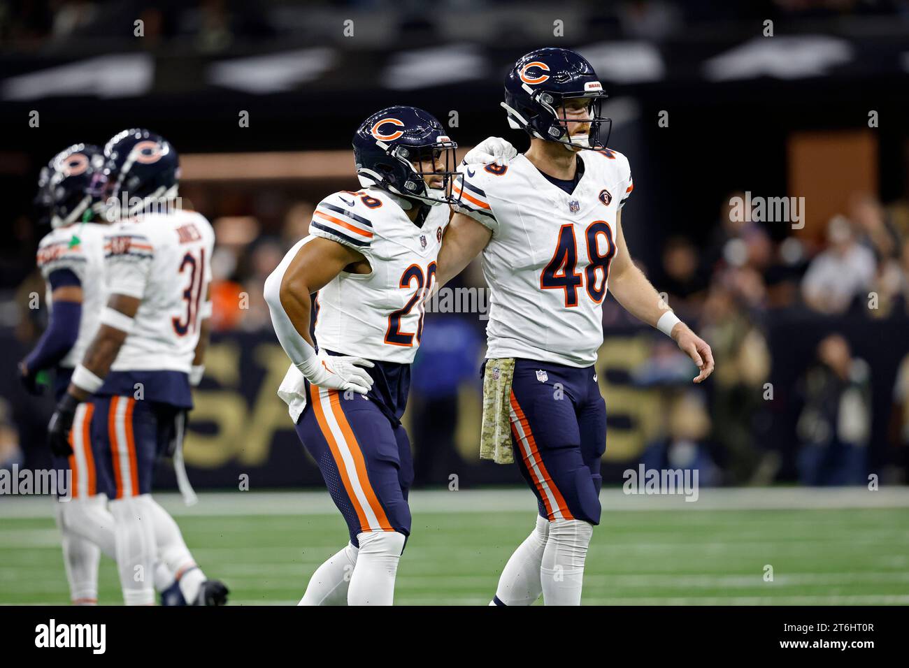 Chicago Bears running back Travis Homer (20) and long snapper Patrick ...