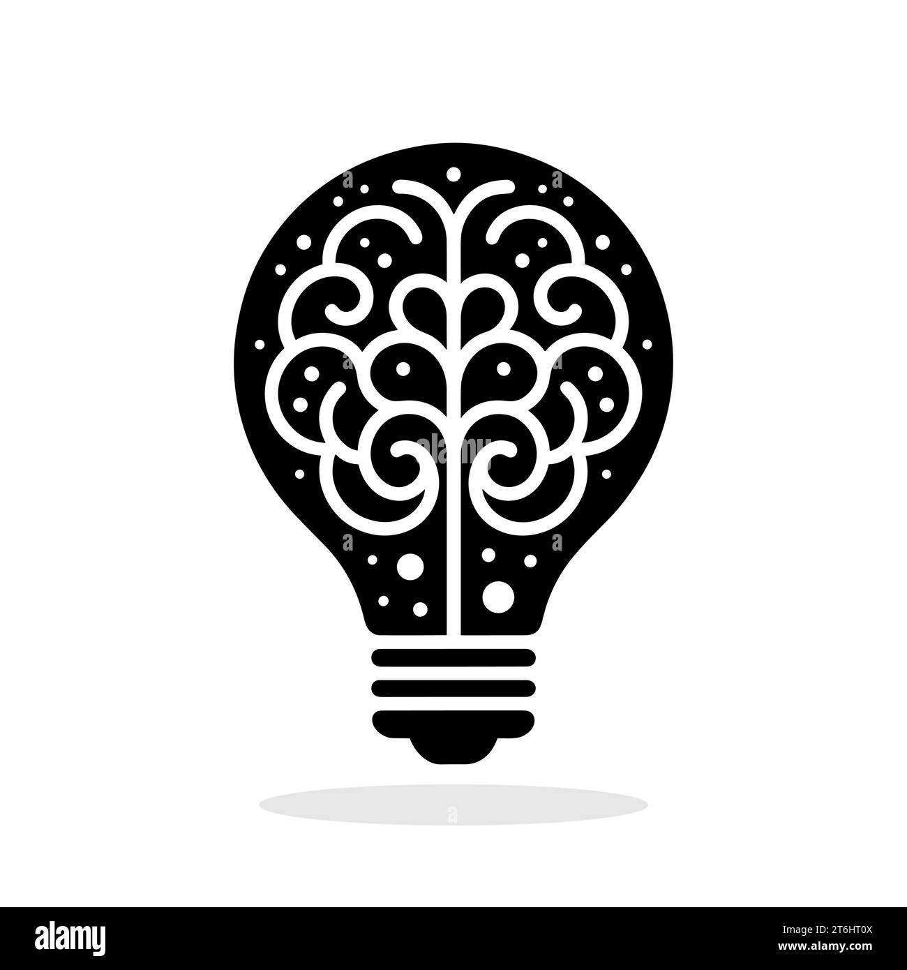 Brain in light bulb silhouette with rays on white background. Symbol of creativity and creative ...