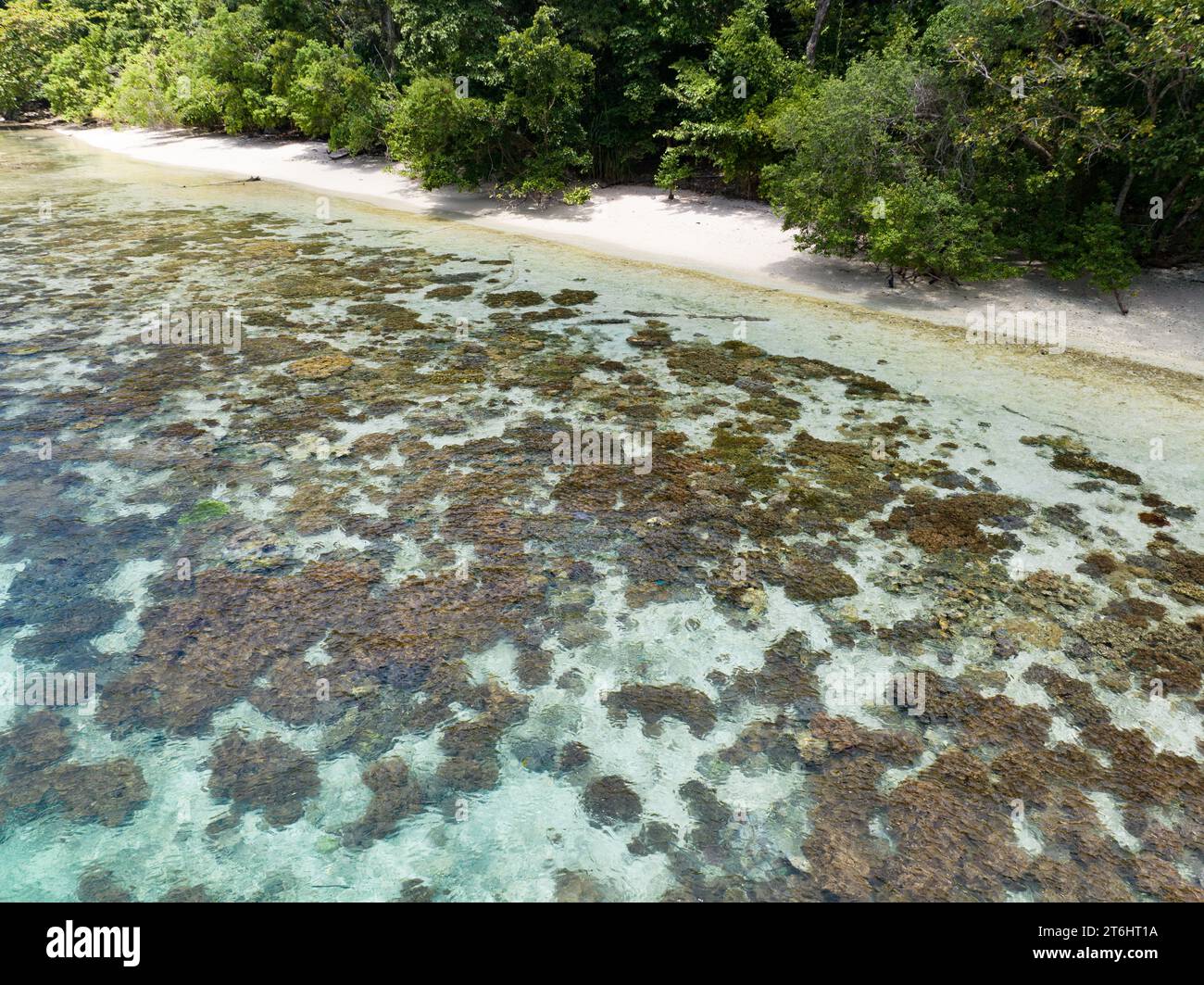 A shallow coral reef grows along the edge of a scenic island in Alyui ...