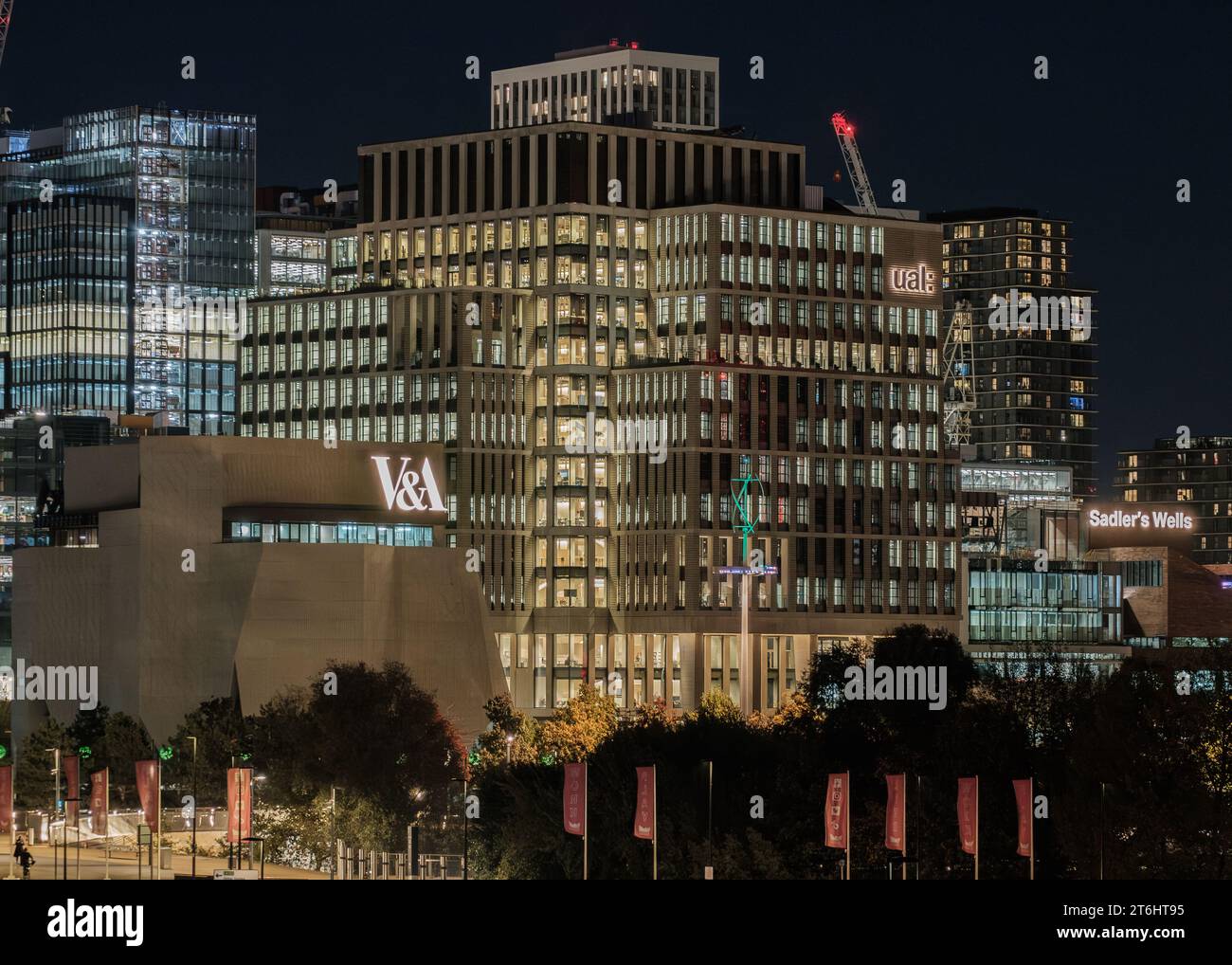 East Bank, Stratford Olympic Park, by night. V&A, UAL and Sadlers Wells ...