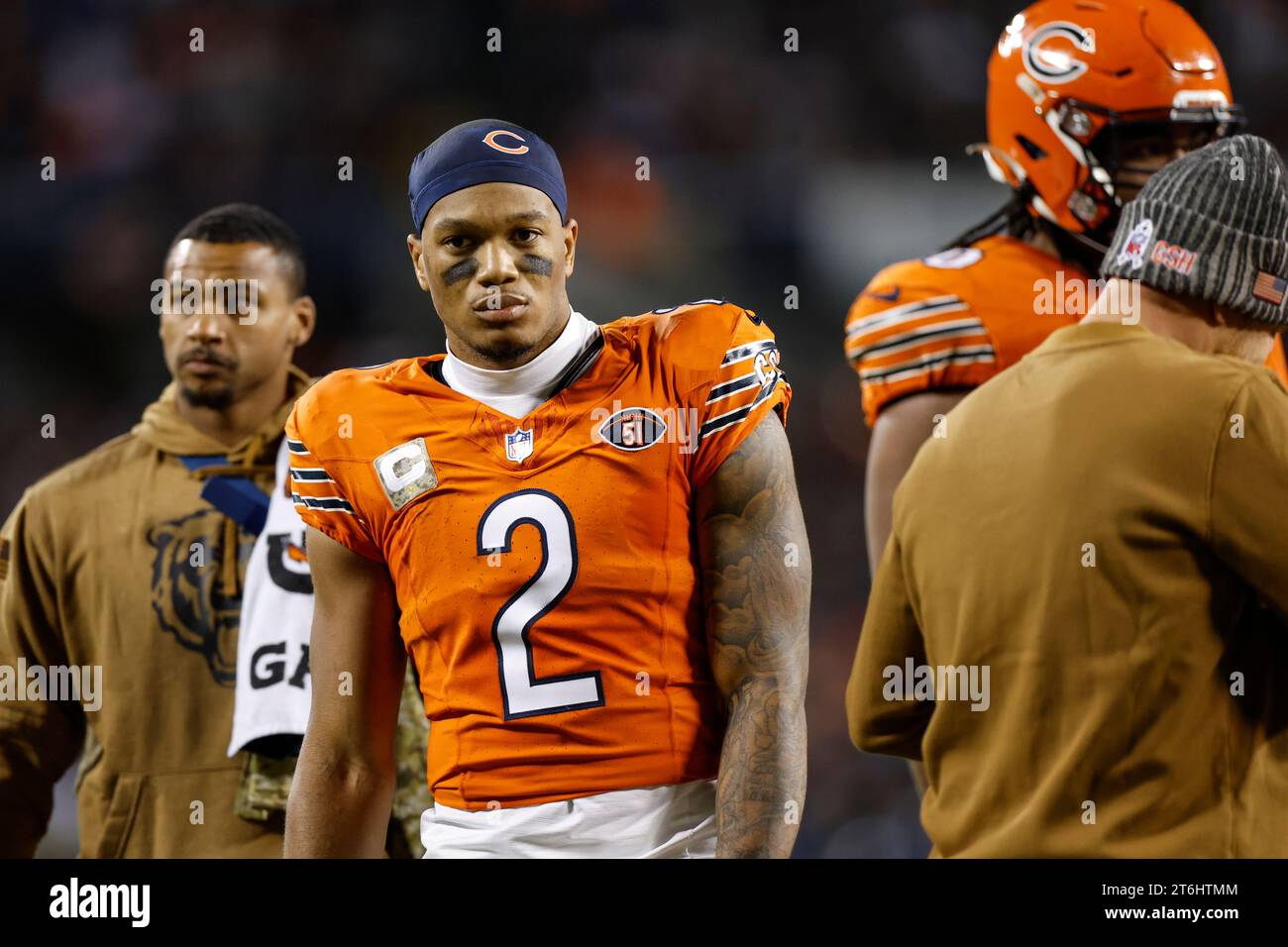 Chicago Bears wide receiver DJ Moore (2) looks on as he stands on the ...
