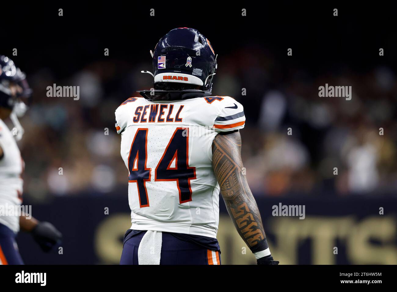 Chicago Bears linebacker Noah Sewell (44) wears and international flag ...