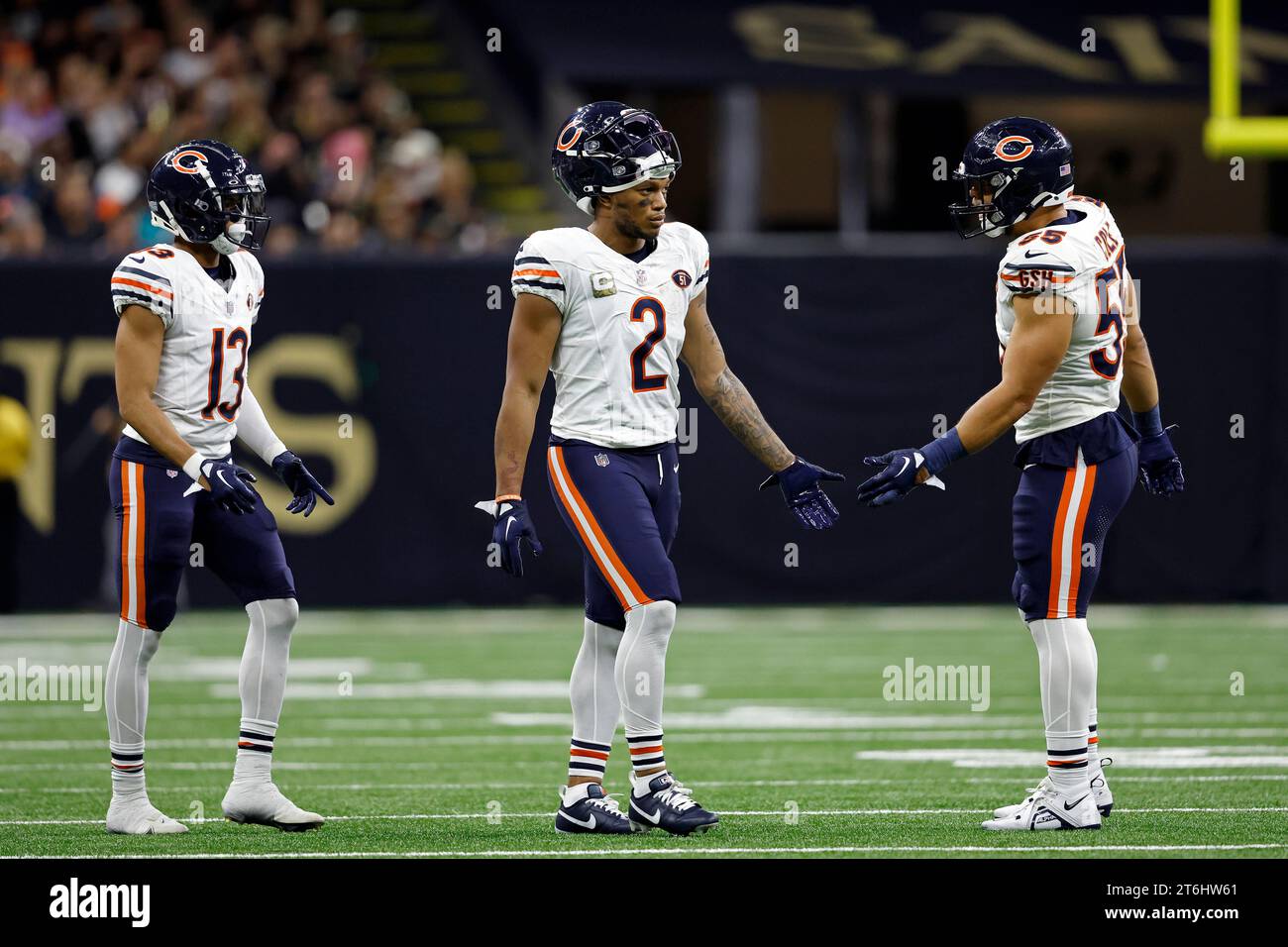 Chicago Bears wide receiver DJ Moore (2) and linebacker Dylan Cole (55) during an NFL football ...