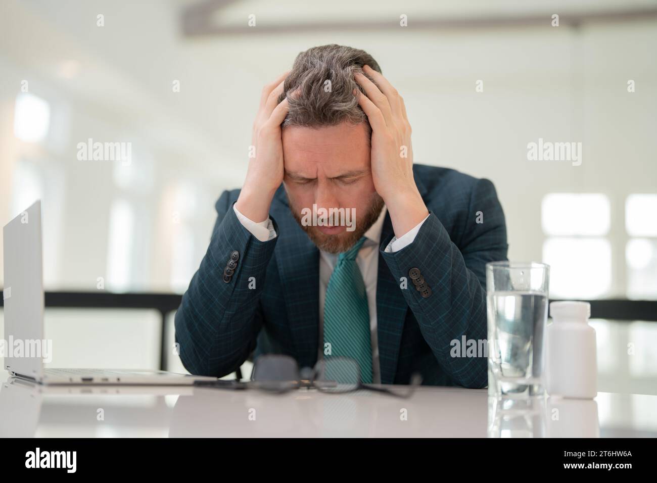 Head pain concept. Cephalalgia and migraine. Man with sinus headache ...