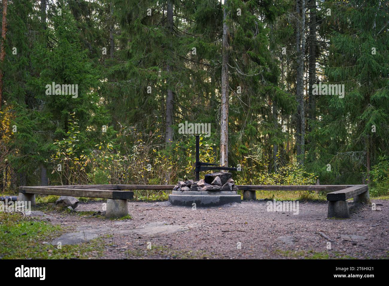 Empty campfire site with wooden benches and the concrete fire pit, side ...