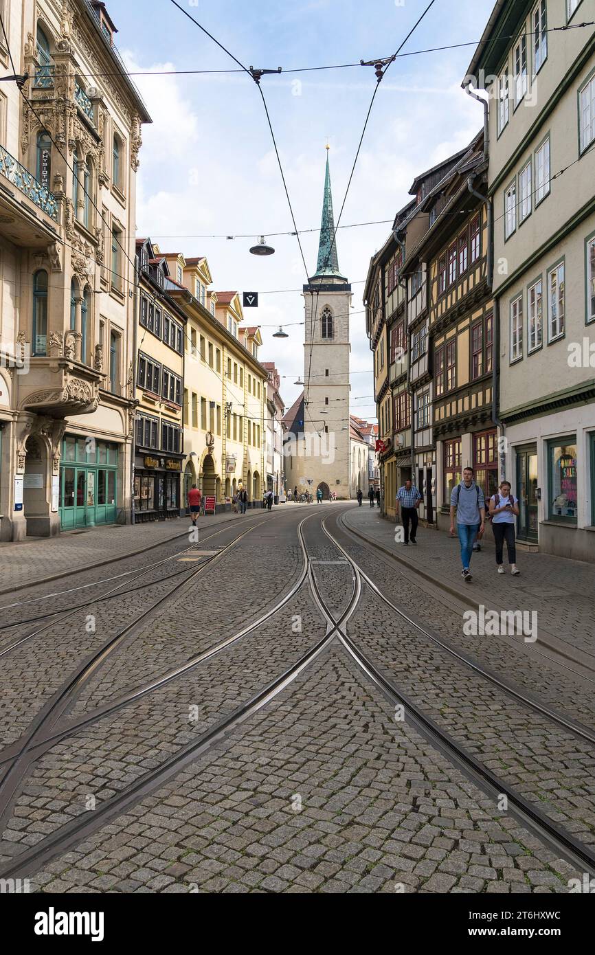 Thuringia, Erfurt, old town, market street, pedestrian zone, streetcar ...