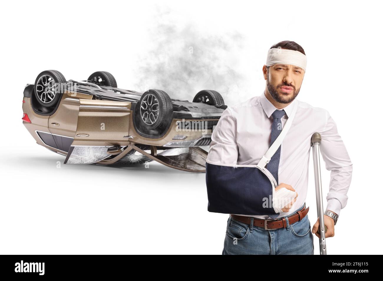 Injured driver after a car accident standing in front of a SUV turned ...