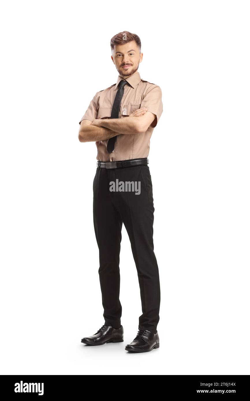 Young security officer posing with folded arms isolated on white ...