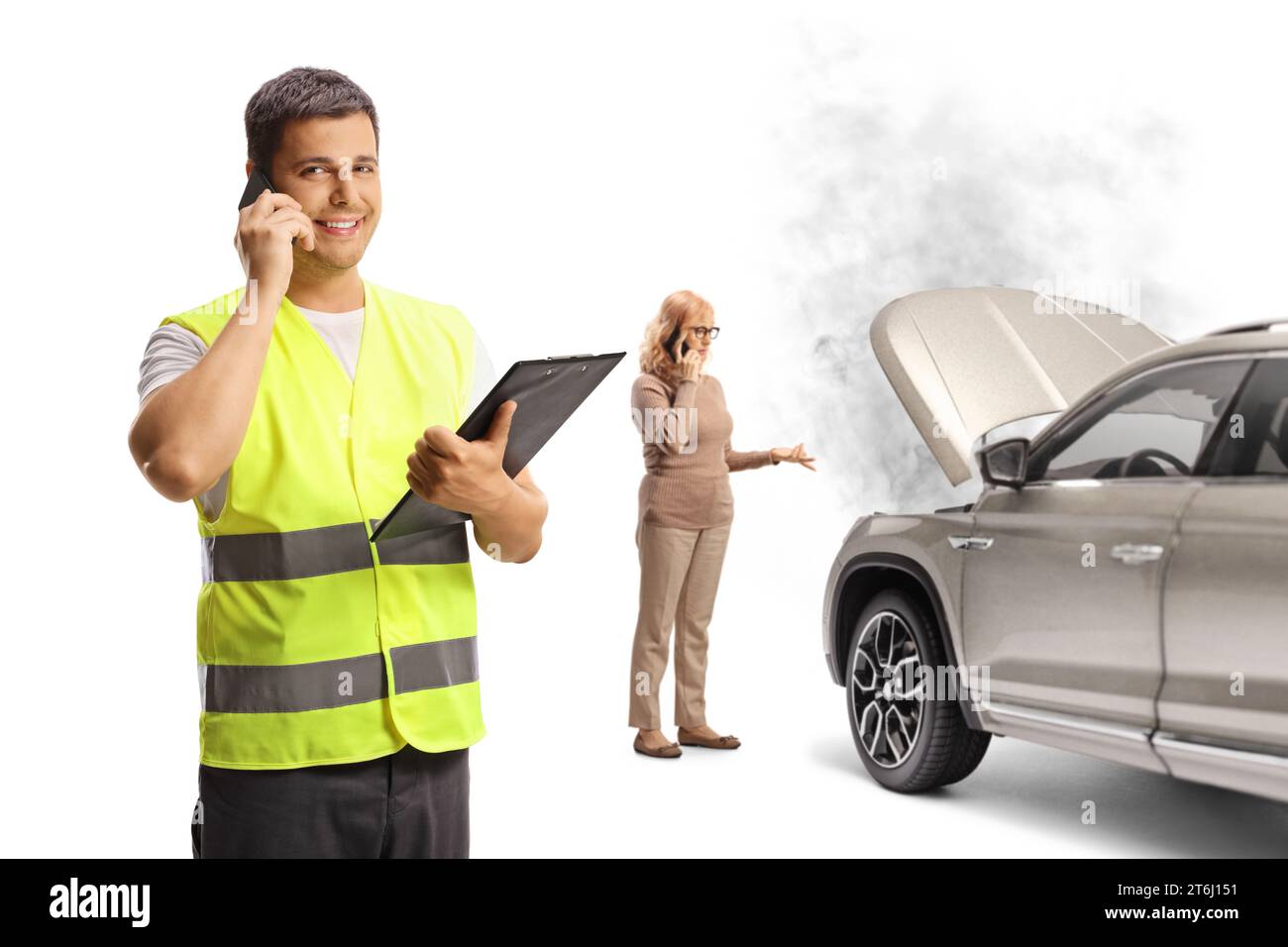 Woman with a car breakdown calling a road assistance service isolated ...