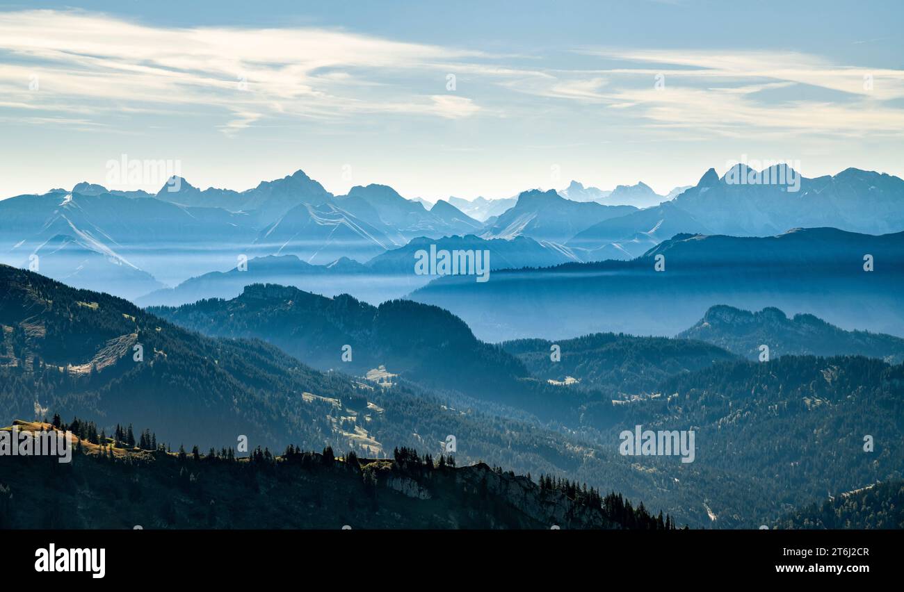 Alpine mountain landscape on sunny autumn day. View from Hochgrat to ...