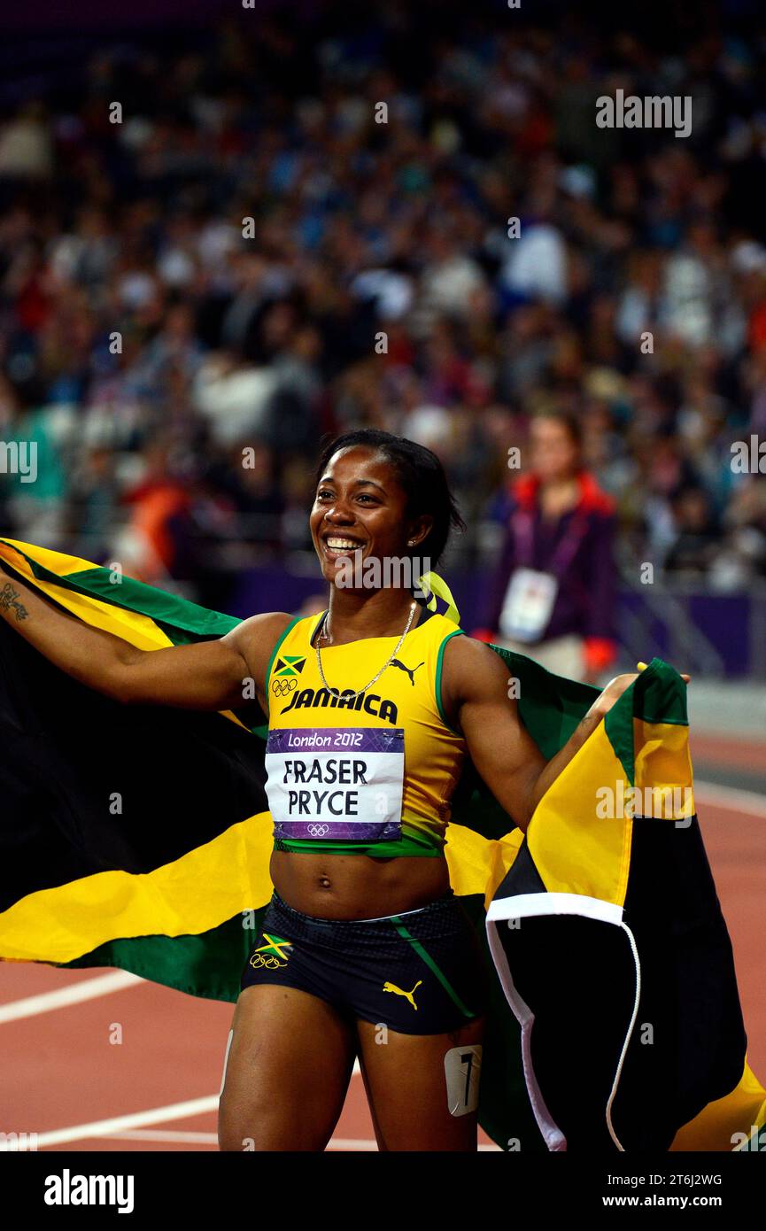 August 4, 2012: Shelly Ann Fraser Price of Jamaica winning after winning the gold medal in the ...
