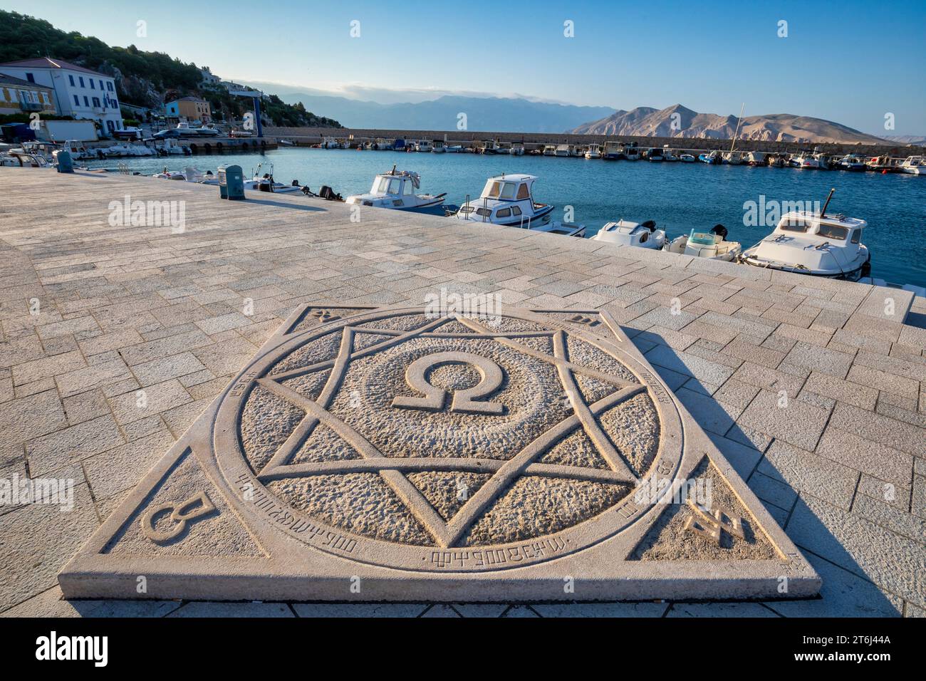 Croatia, Kvarner bay, island of Krk, Baska, the pier with the bas ...