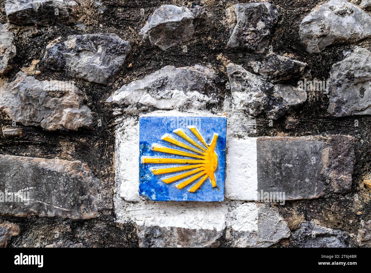 Scallop shell as a symbol for the Way of St James, coastal path, Llanes ...