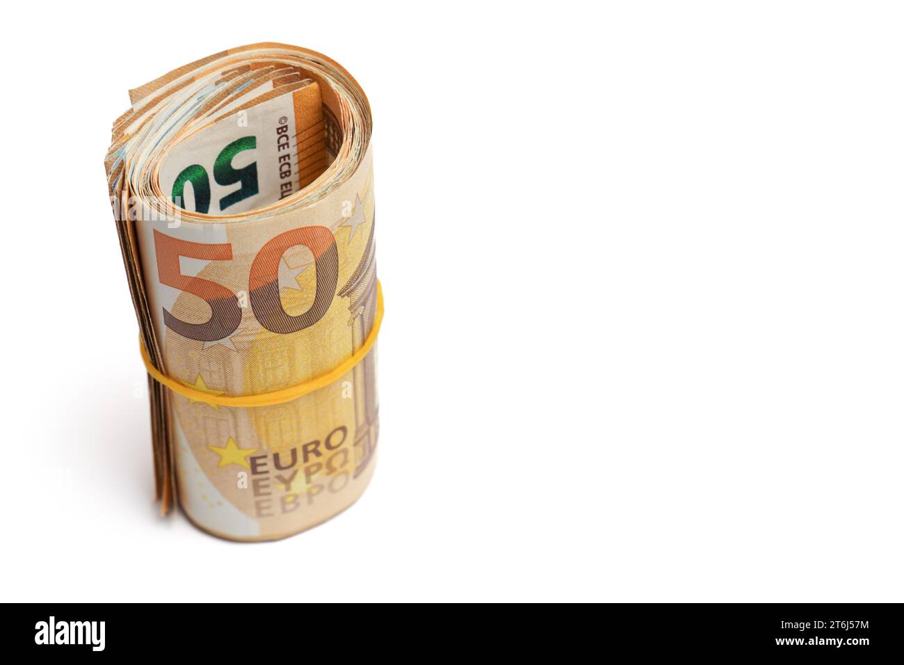 Roll of euro banknotes fastened with a rubber band isolated on a white ...