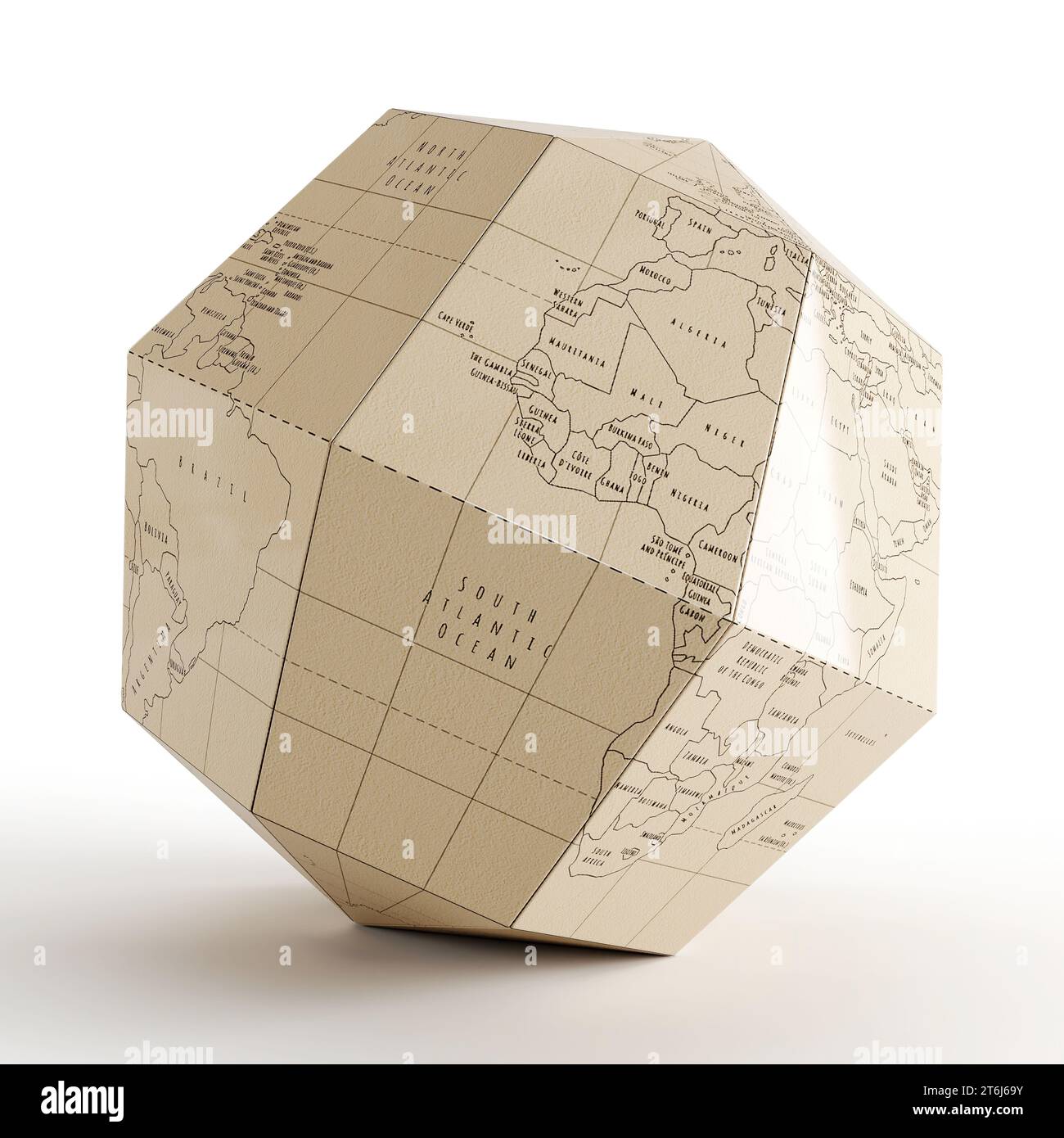 A cube shaped papercraft with a detailed map design, featuring a ...