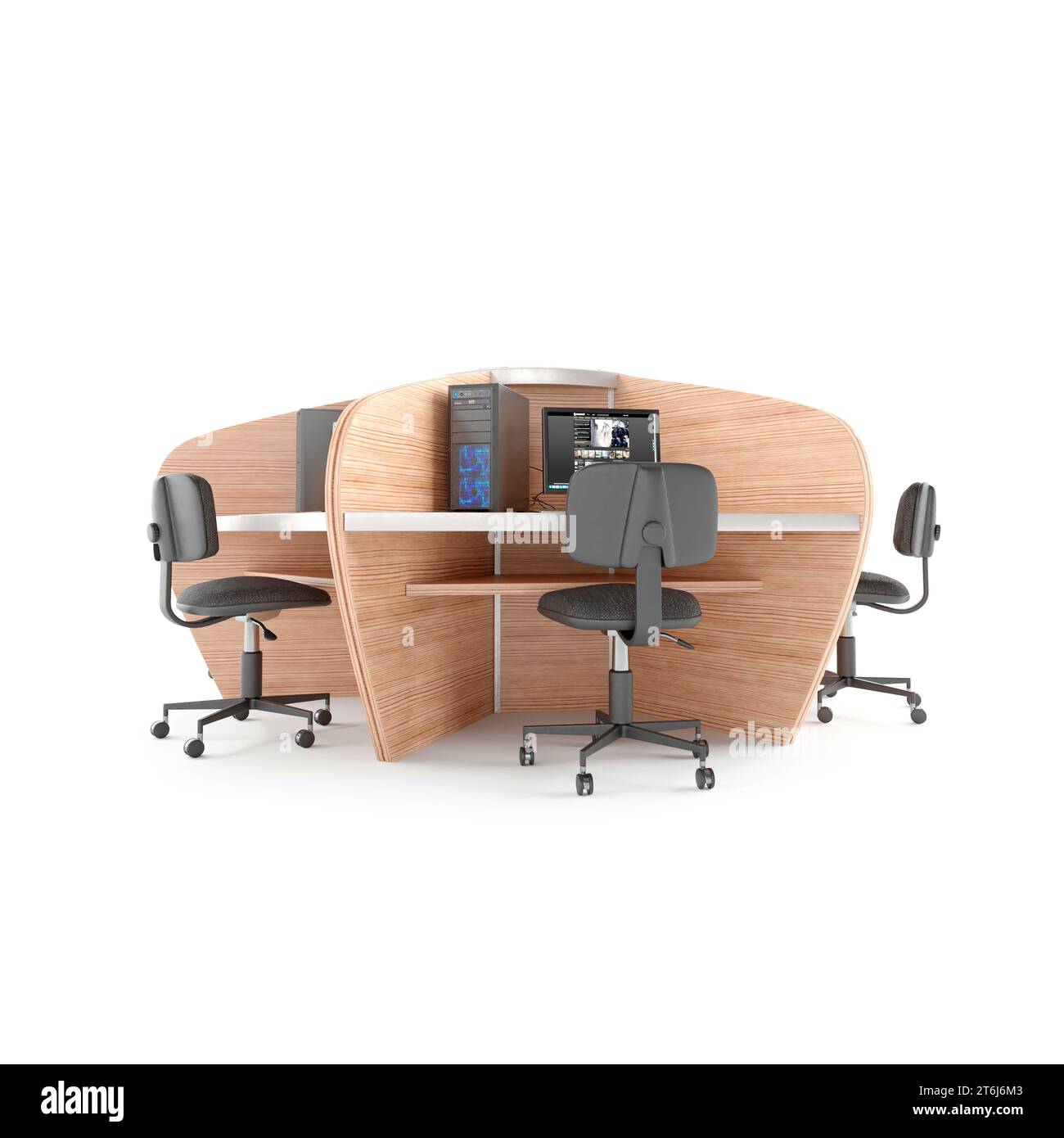 A modern office desk with two chairs made of wood on a white background ...