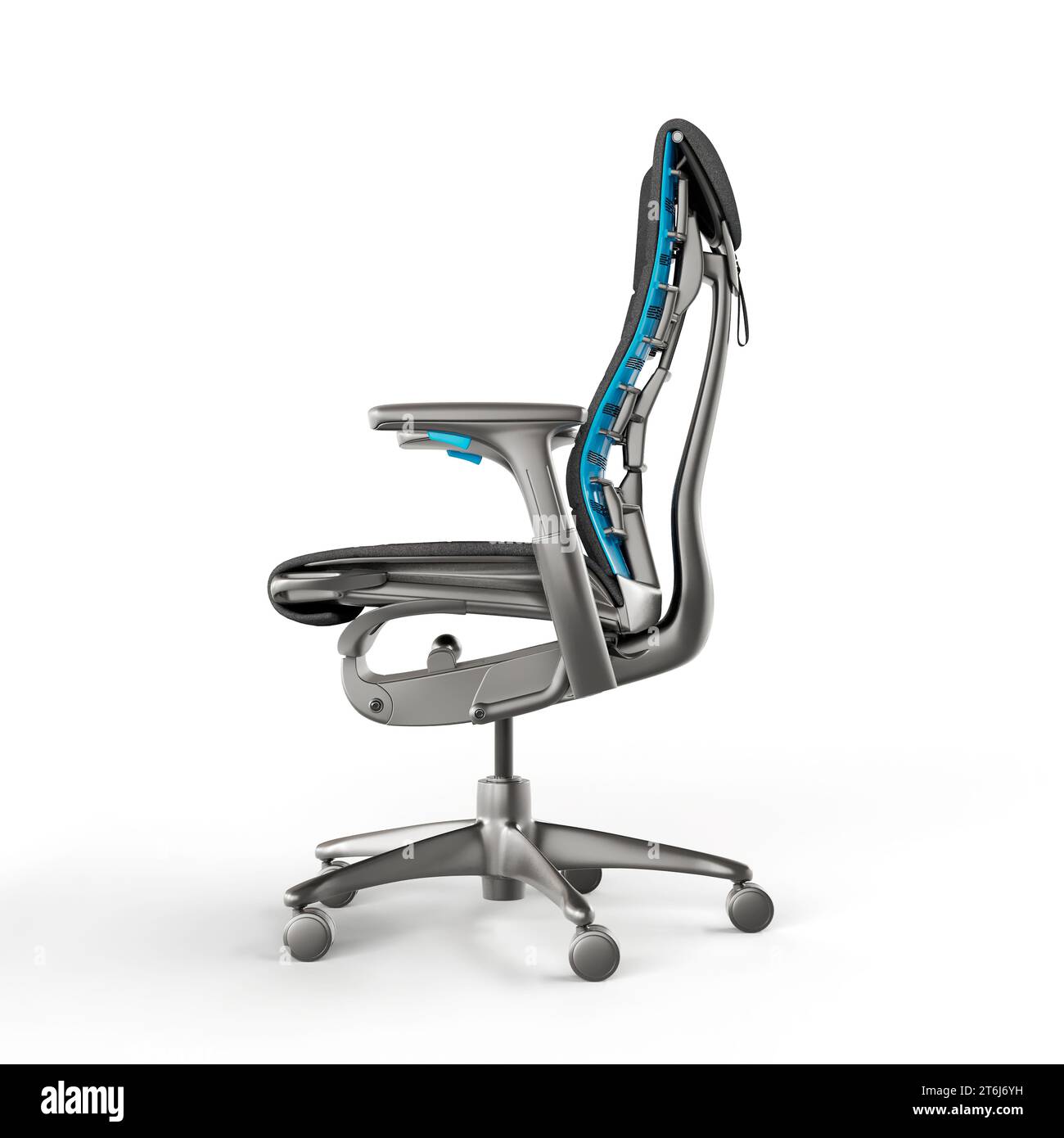 A modern office chair in a neutral gray color with bright blue fabric ...