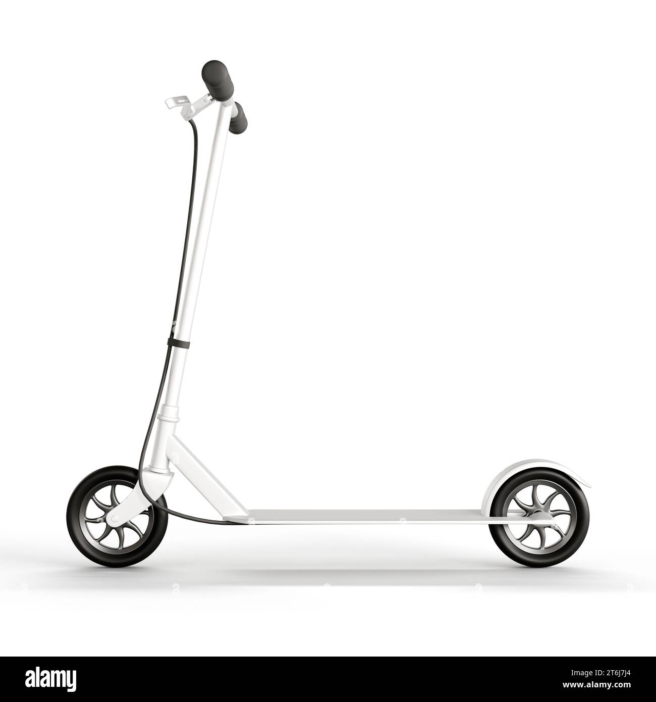 A white Vespa-style scooter with chrome-detailed wheels parked in an ...