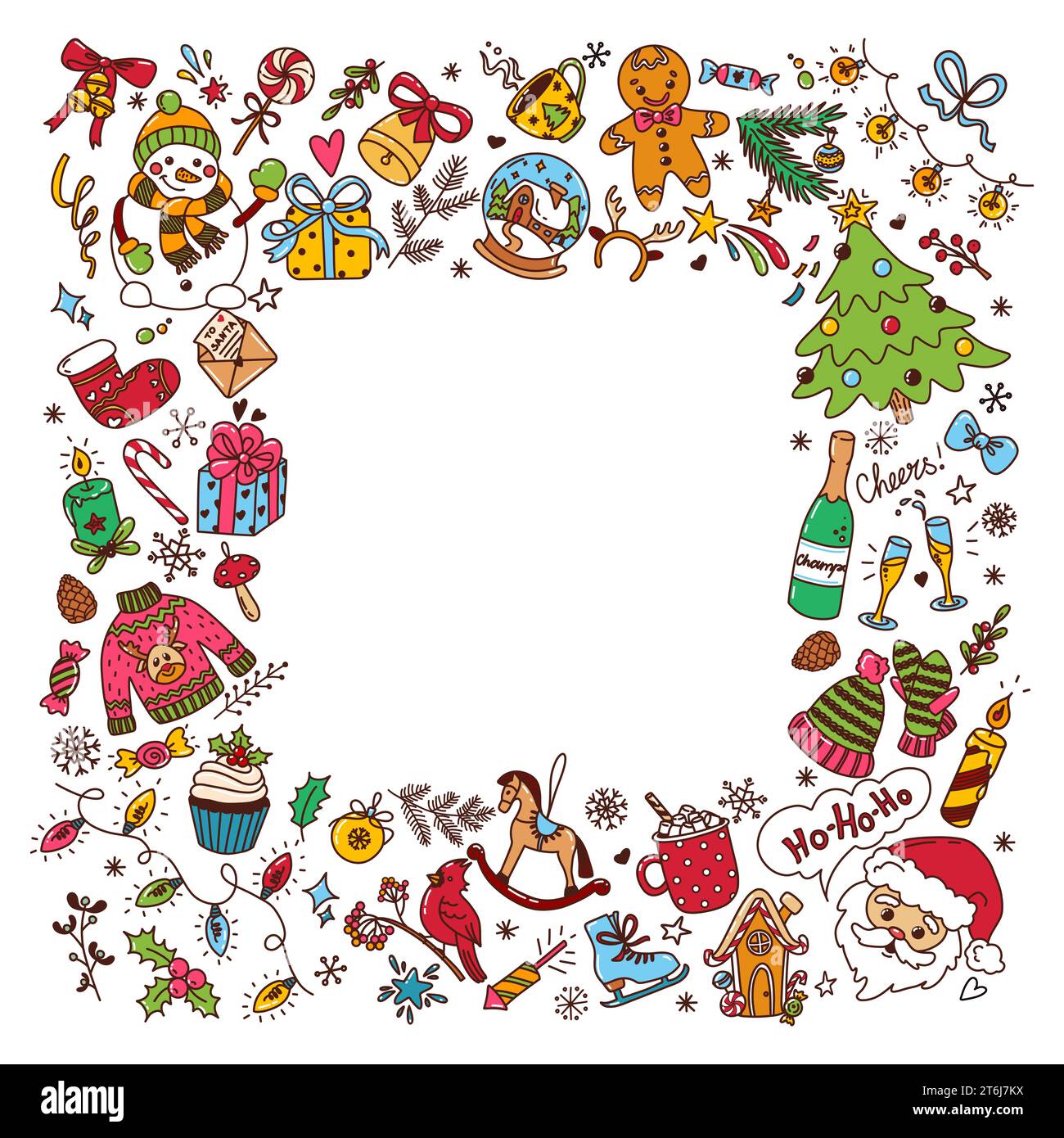 Christmas frame created from fun hand drawn coloured doodle elements ...