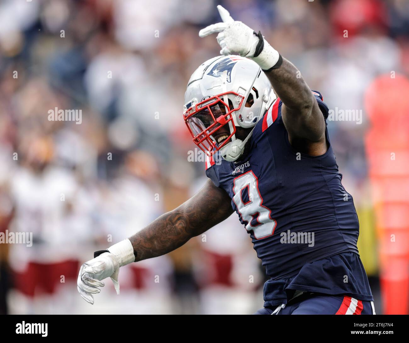 New England Patriots linebacker Ja’Whaun Bentley (8) celebrating the ...