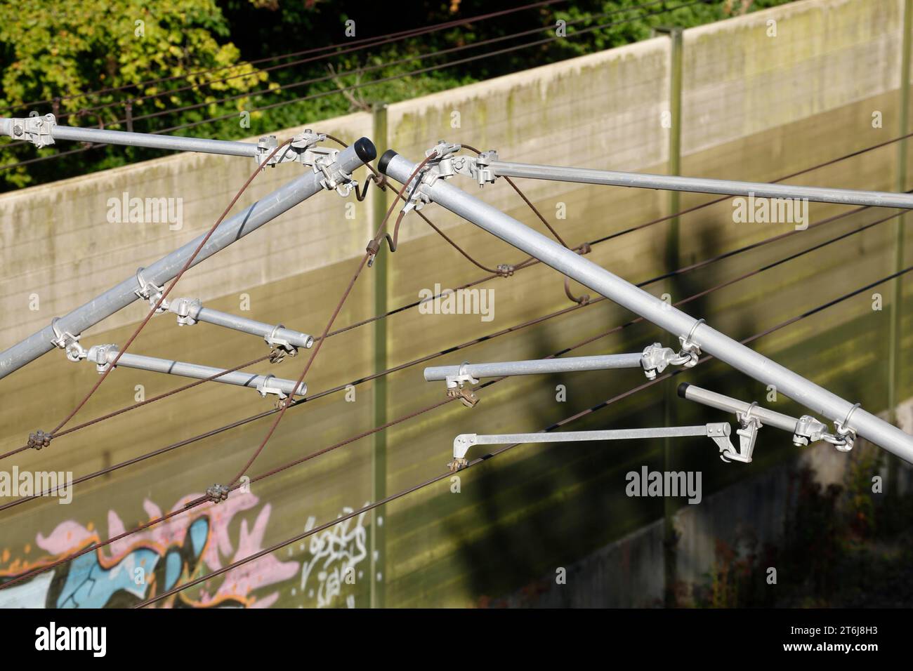 Power line, power pylons, railway system Stock Photo - Alamy