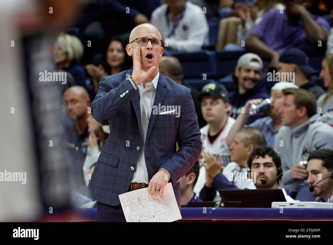 UConn head coach Dan Hurley directs his team from the sideline during ...
