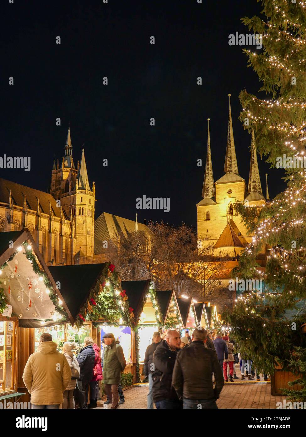 Christmas market on the cathedral square, cathedral and St. Severi ...