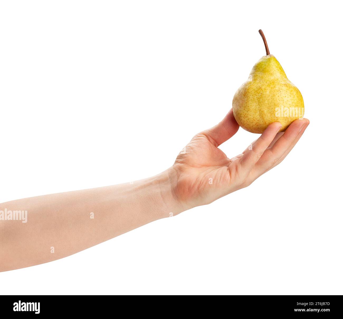 yellow pear in hand path isolated on white Stock Photo - Alamy