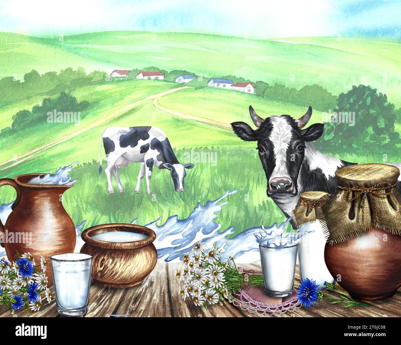 Cow and dairy products in ceramic and glassware. Against the backdrop ...