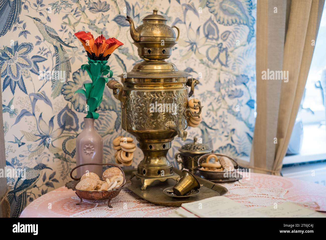 Traditional table setting with Samovar (English: self-brewer) used to ...