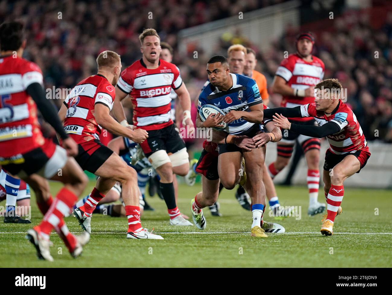 Bath Rugby's Max Ojomoh tackled by Gloucester Rugby's Stephen Varney ...
