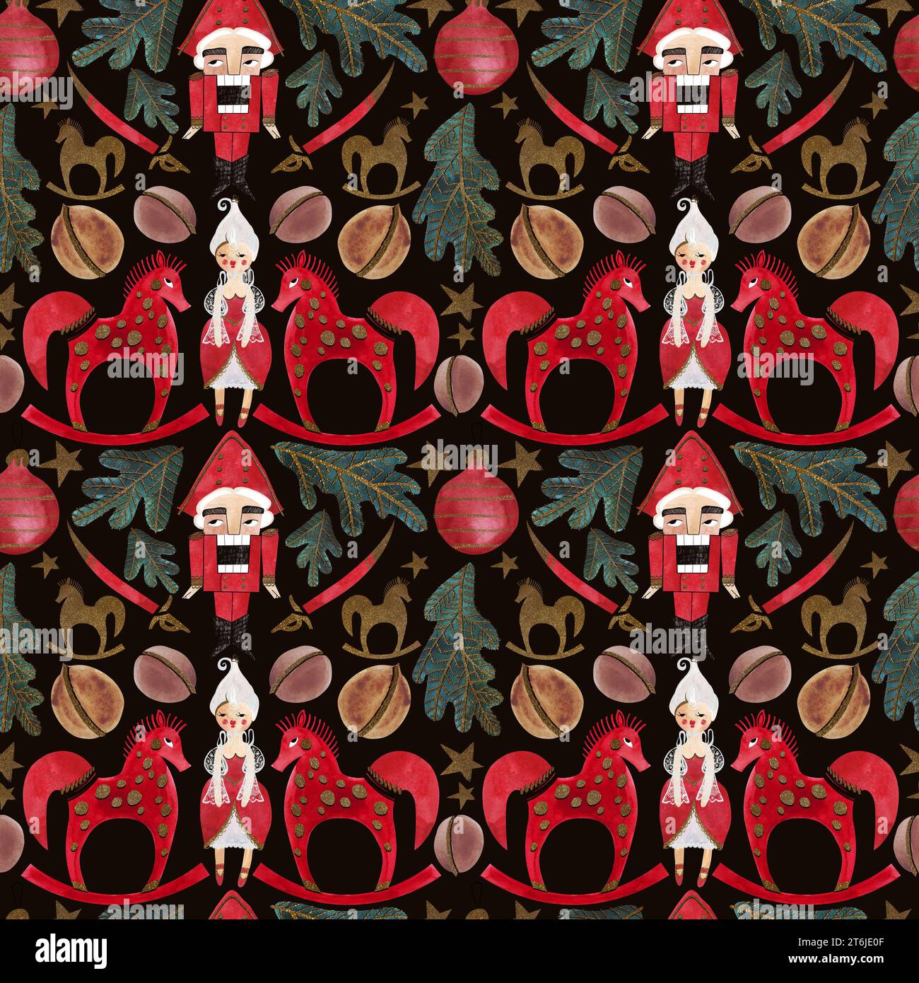 Nutcracker and nuts. Seamless watercolor pattern for New Year and ...