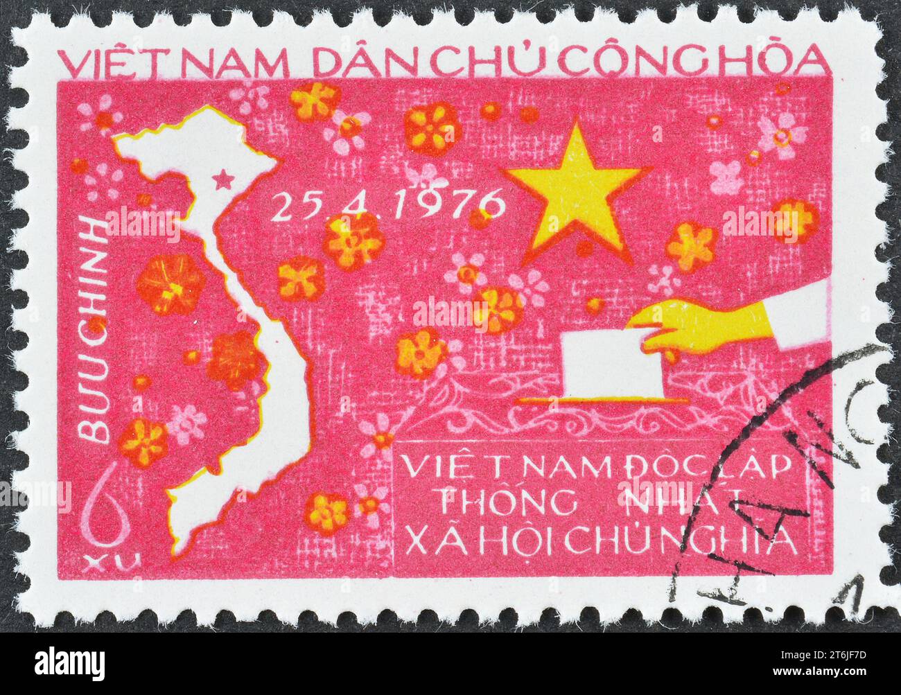 Cancelled postage stamp printed by Vietnam, that shows Map and ballot ...