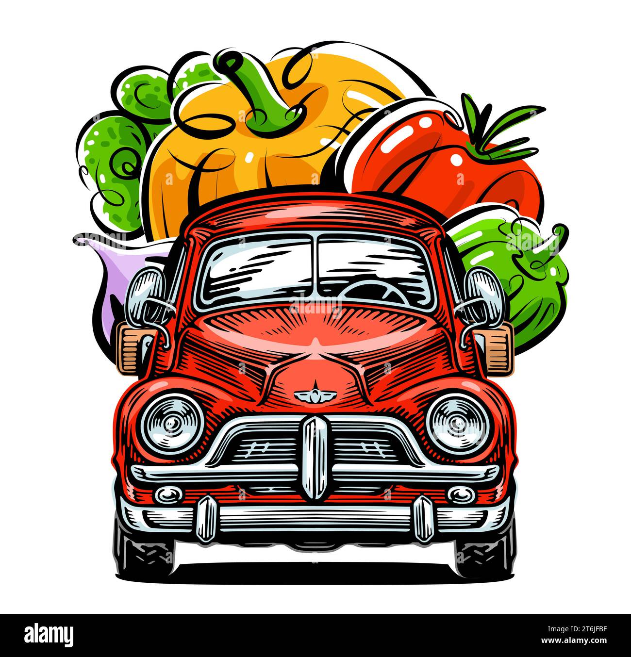 Farm organic food delivery. Pickup truck and fresh vegetables. Vector ...