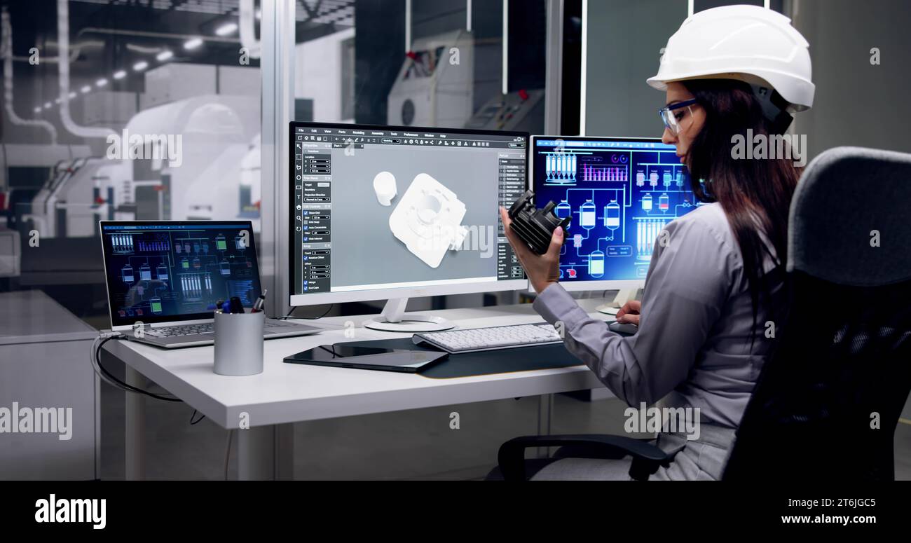 Engineer Doing 3D CAD Model Design On Computer At Factory Stock Photo ...
