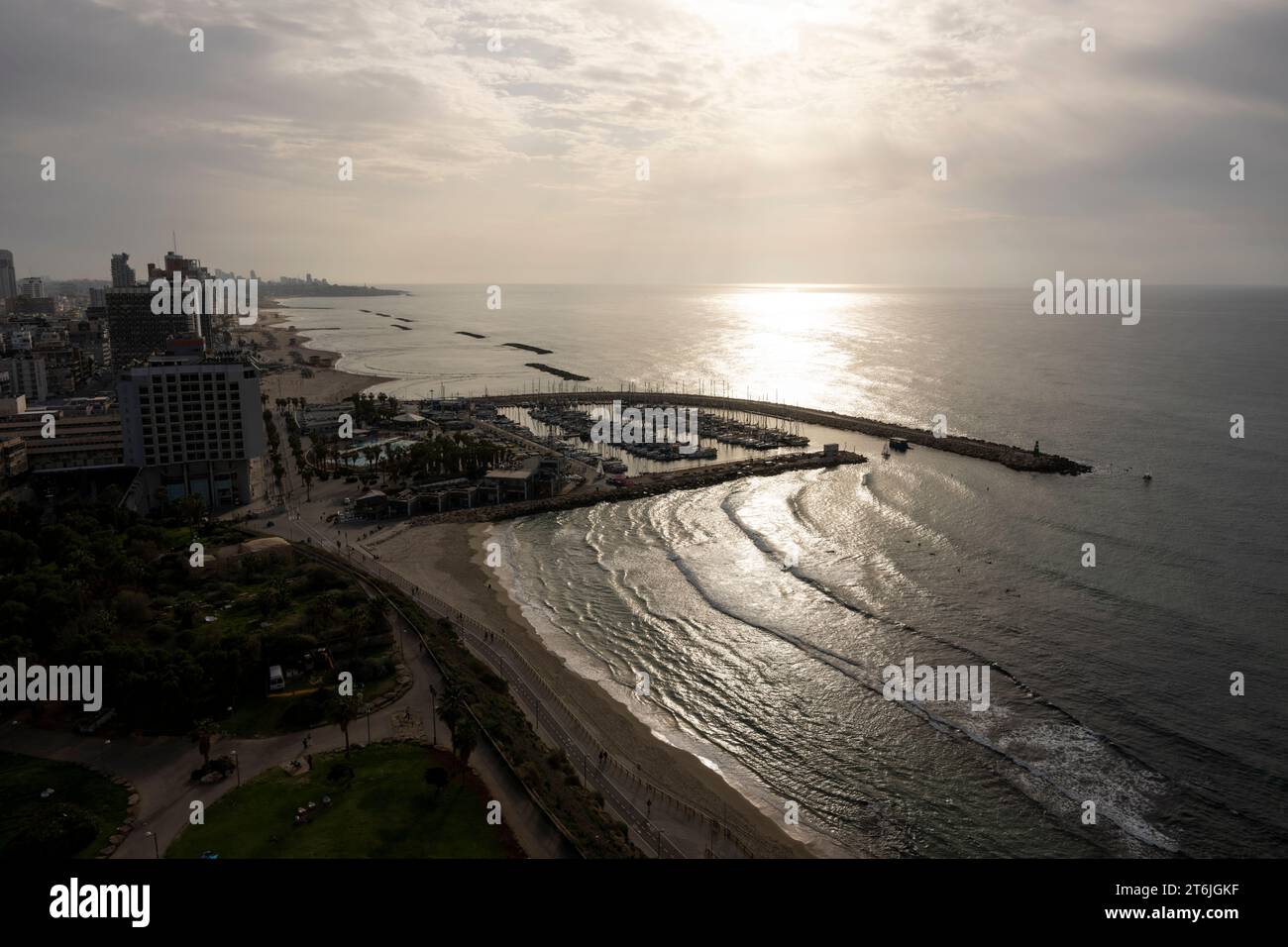A stunning aerial view of Tel Aviv, Israel, featuring a bright sunny ...