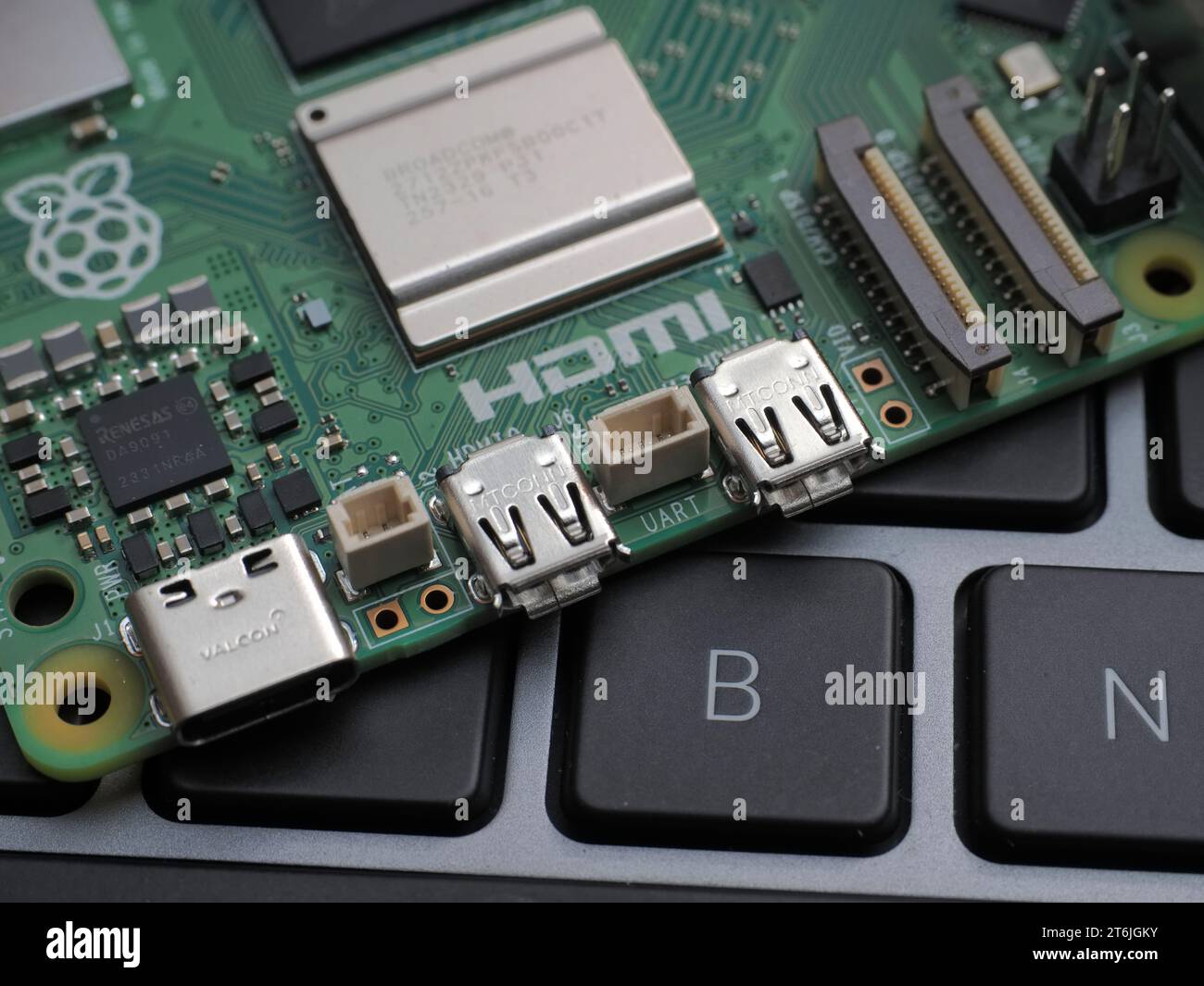 Galati, ROMANIA - November 10, 2023: Close-up of a Raspberry Pi 5 ports ...