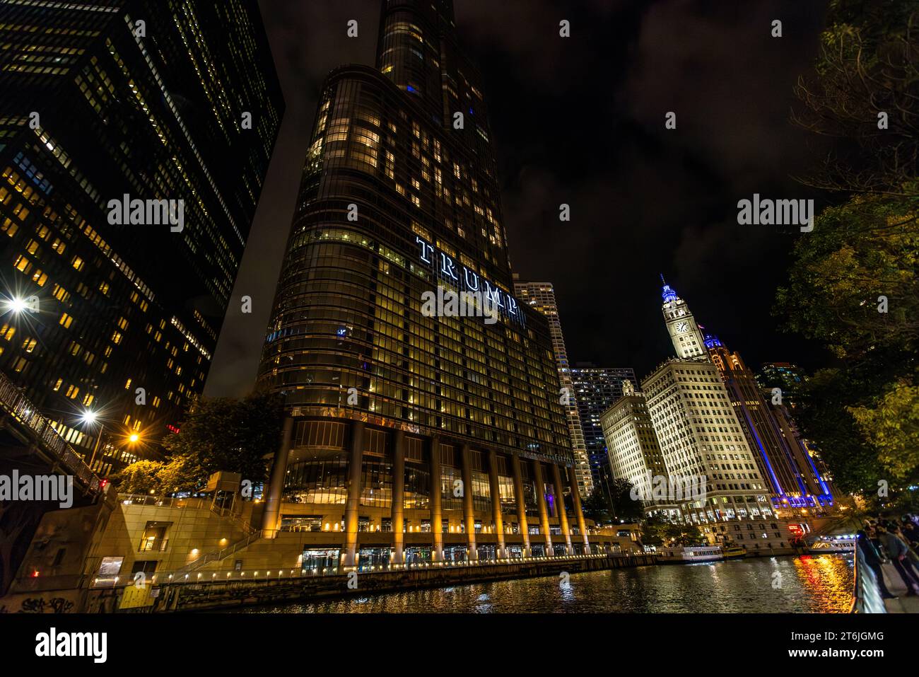 Trump Tower and Wrigley Building at night. Chicago, United States Stock ...