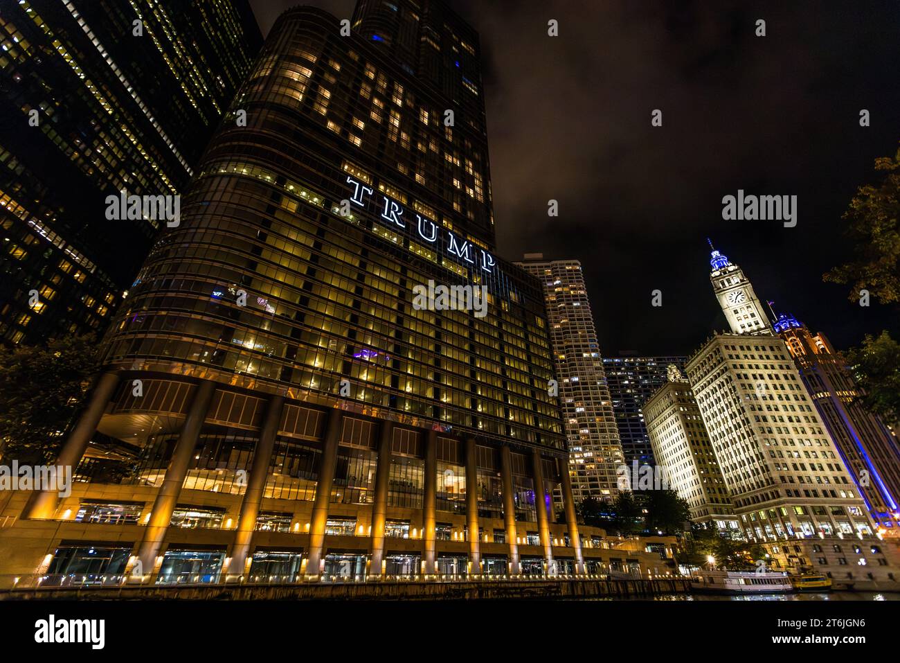 Trump Tower and Wrigley Building at night. Chicago, United States Stock ...
