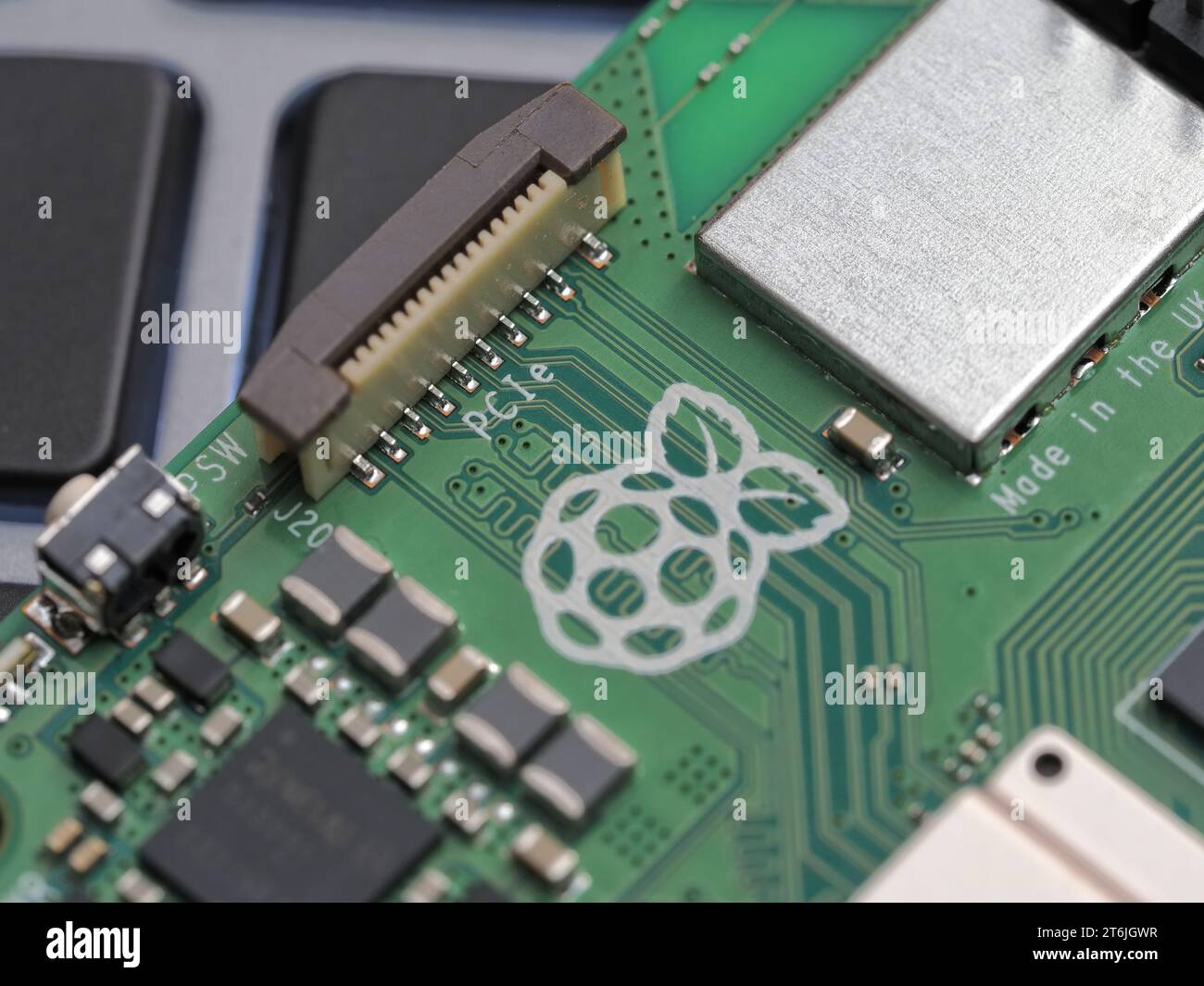 Galati, ROMANIA - November 10, 2023: Close-up of a Raspberry Pi 5 logo ...
