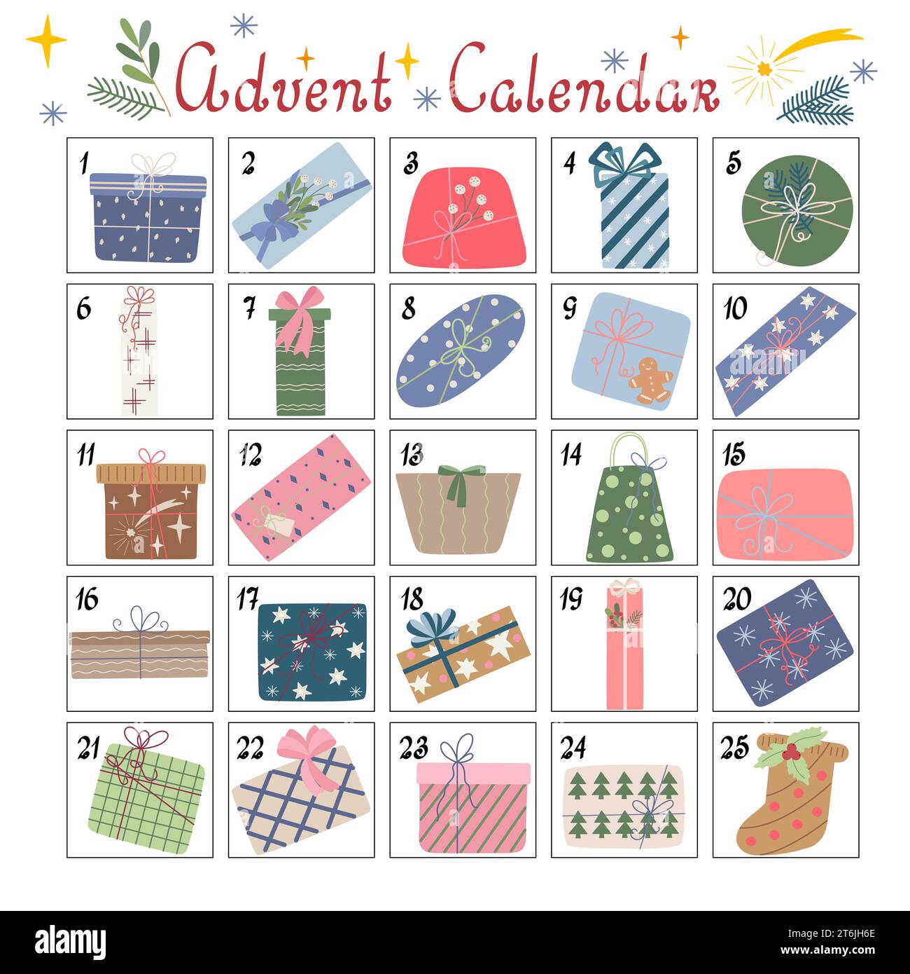 Christmas advent calendar of gift boxes set with ribbon and bows vector ...
