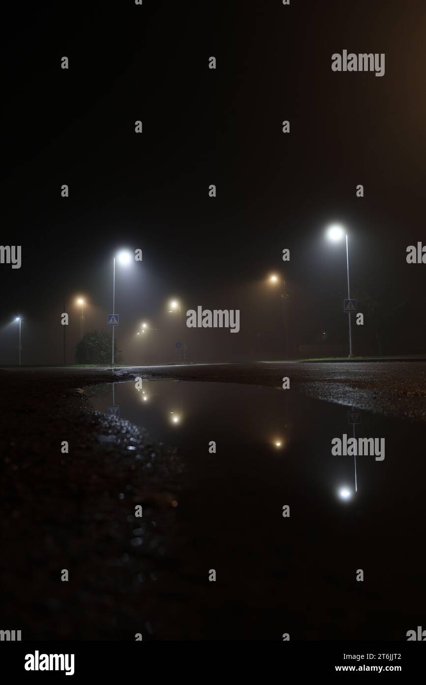 Empty night street with fog and lights Stock Photo - Alamy
