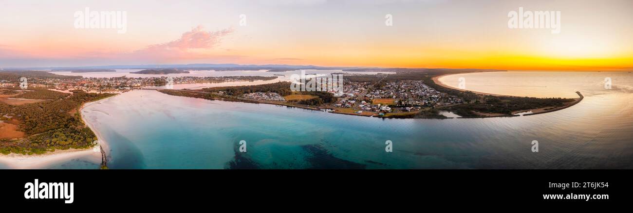 Blacksmith town in aerial 360 degrees panorama of Swansea Caves beach ...