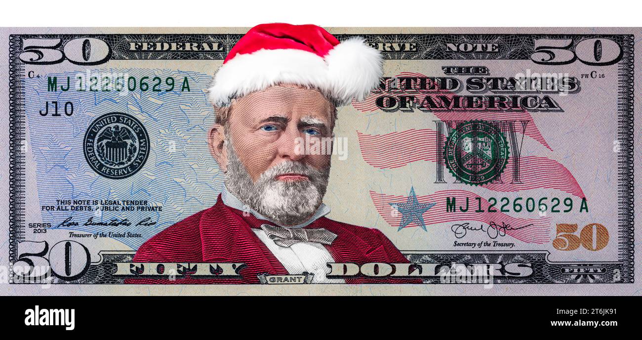 Ulysses S. Grant from US 50 dollar banknote in Santa Claus hat for ...