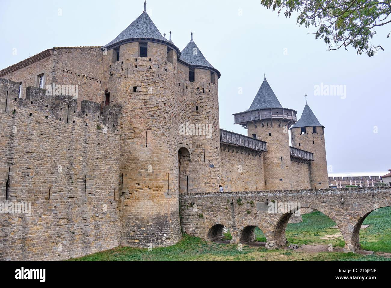 Main gate and the moat bridge of the Carcassonne castle, France Stock ...