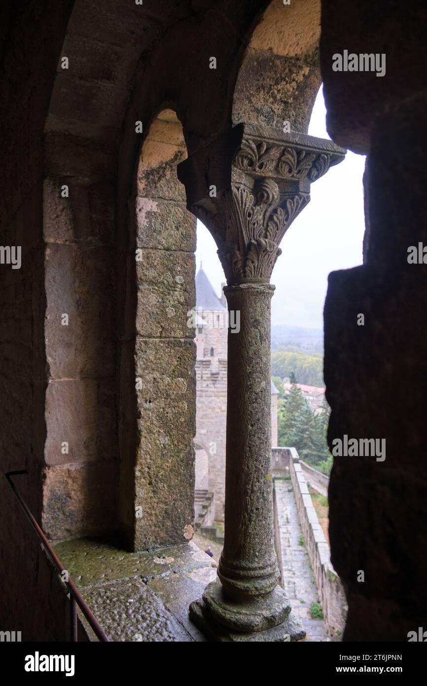 Carved stone decoration of a column capital of Carcassonne castle ...