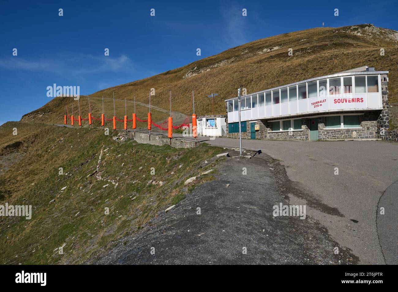 Service building at the summit of the mountain pass Col du Tourmalet in ...