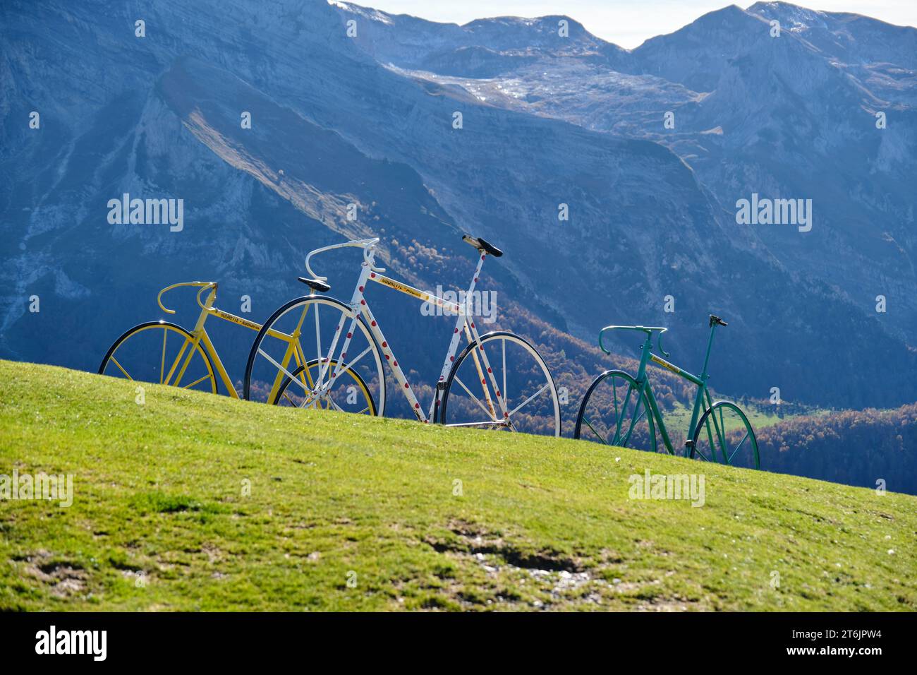 Three colors of the Tour de France on gigantic bikes monument at the ...